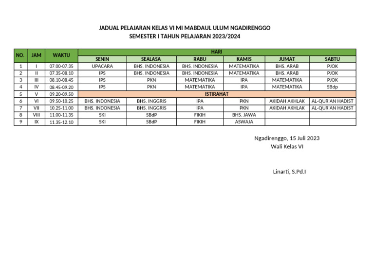 Jadwal Kelas 6 2023 2024 Pdf