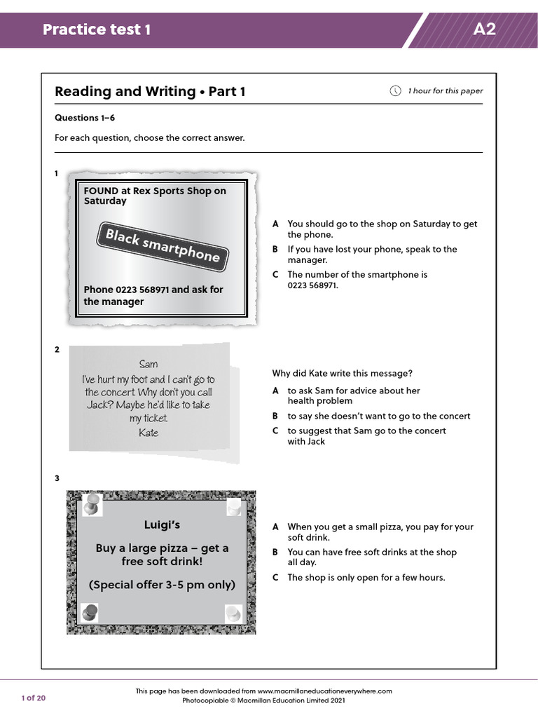 A2 Key For Schools Practice Exam 1 | PDF | Clothing