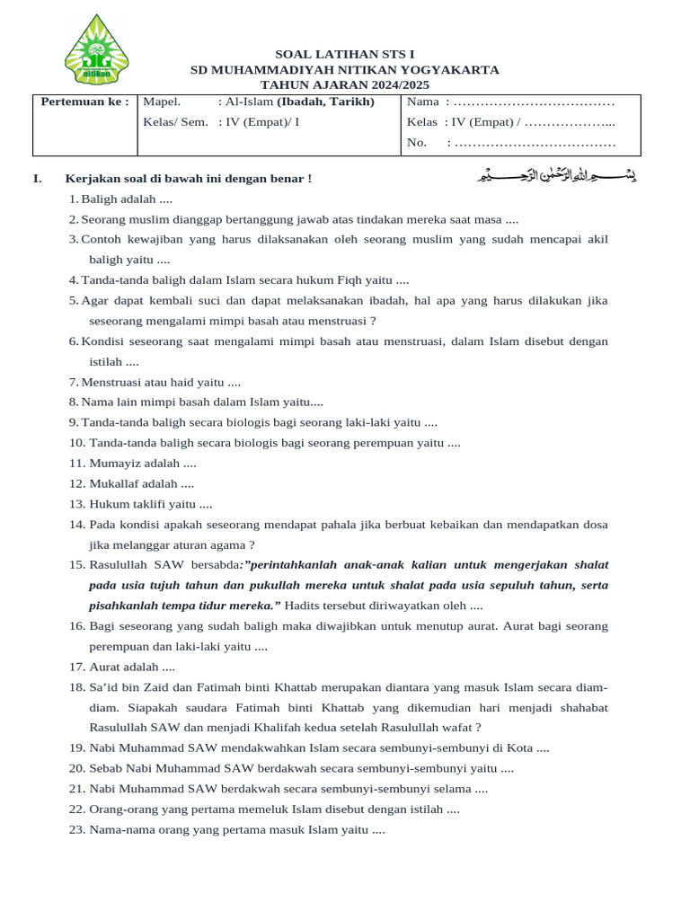Soal Latihan STS 1 Ibadah Dan Tarikh Kelas IV | PDF