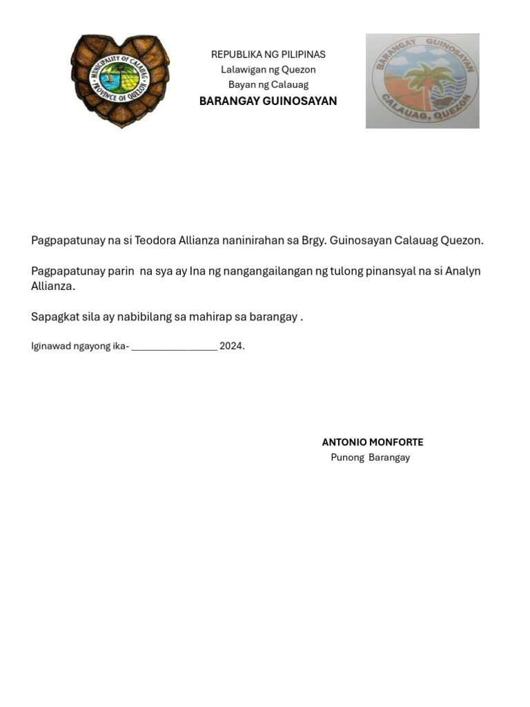 Sertipikasyon ng Paninirahan | PDF
