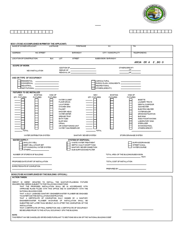 Sanitary - Plumbing Permit Form | PDF