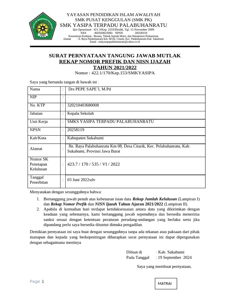 Draft SPTJM Rekap Prefik & Nisn Ijazah 2024 | PDF