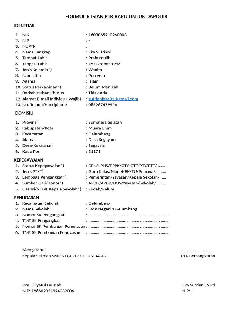 Formulir Isian PTK Baru Untuk Dapodik | PDF