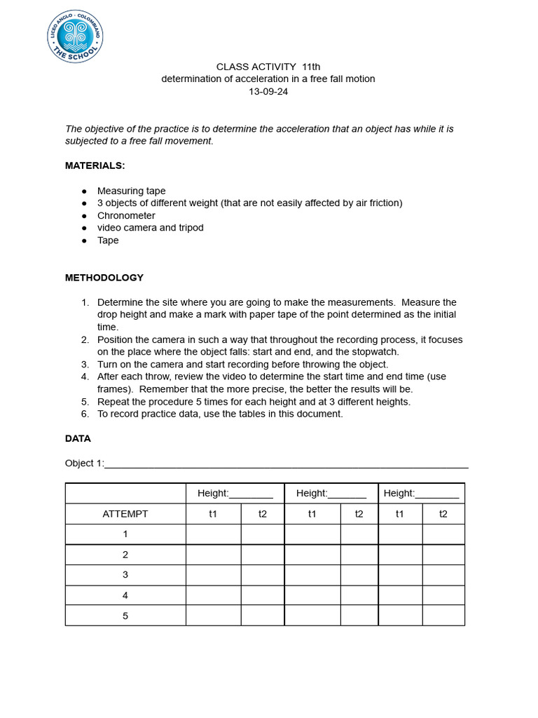 Free Fall Activity | PDF