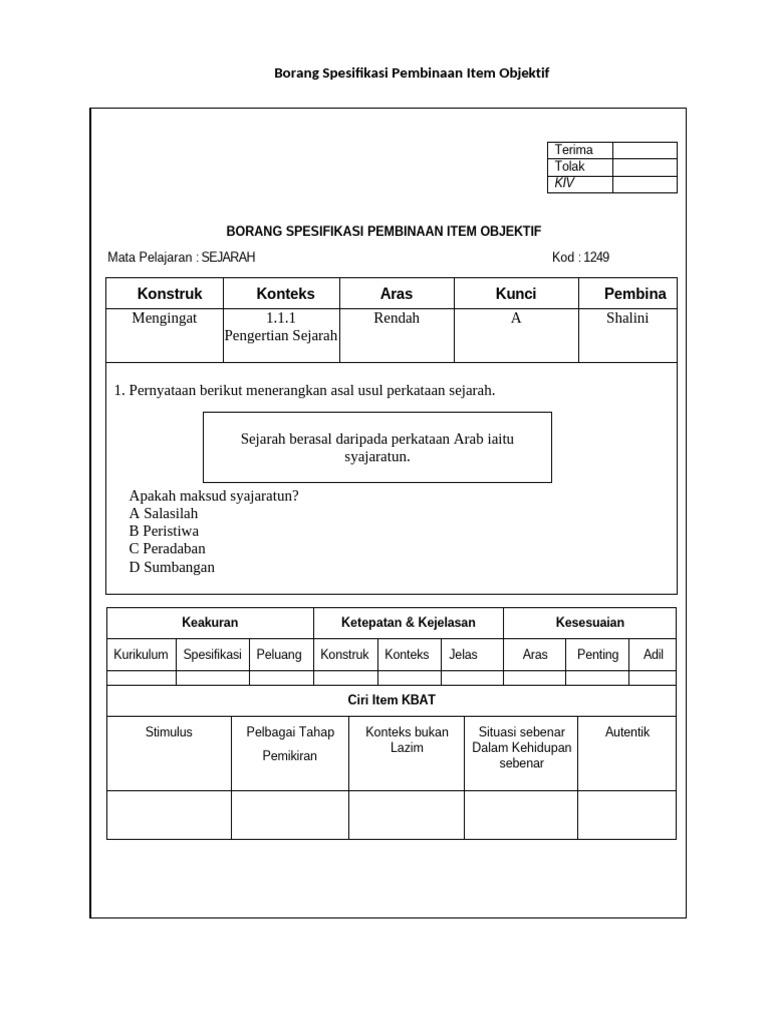 Borang Spesifikasi Pembinaan Item Objtektif sejarah | PDF