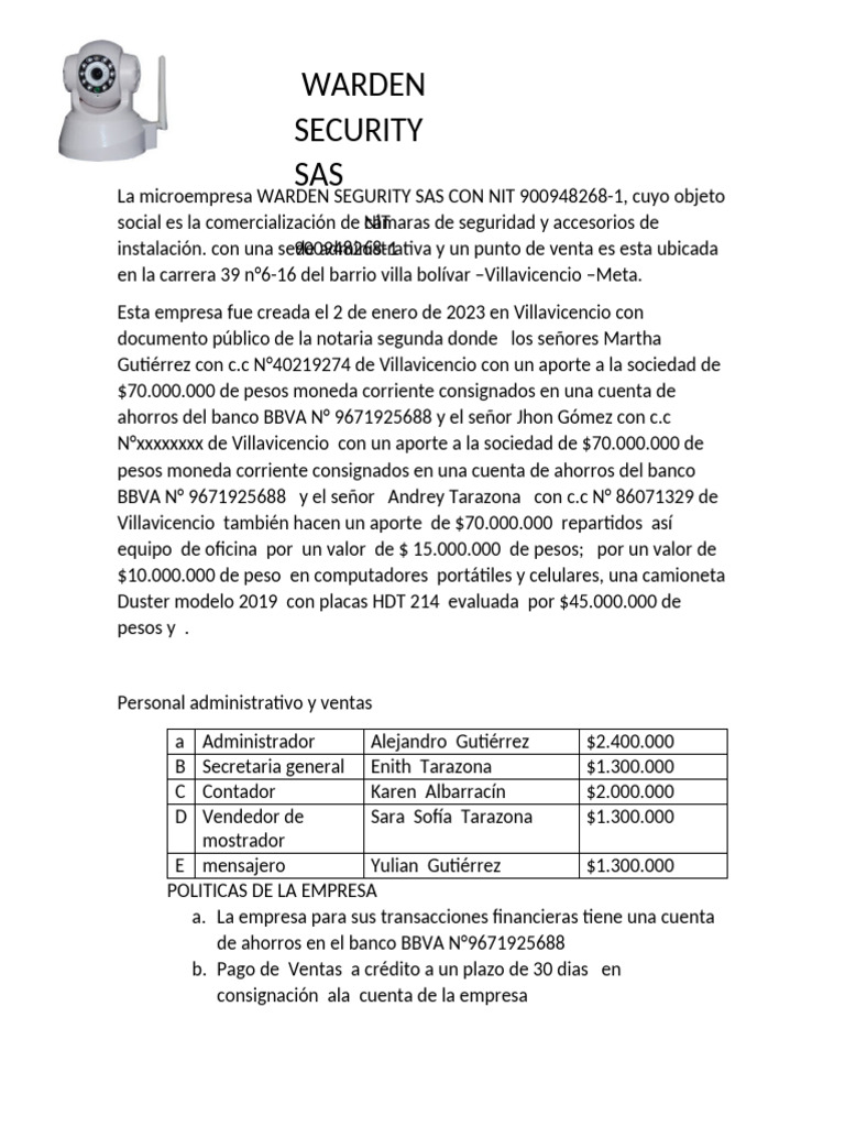 La Microempresa WARDEN SEGURITY SAS CON NIT 900948268 | PDF