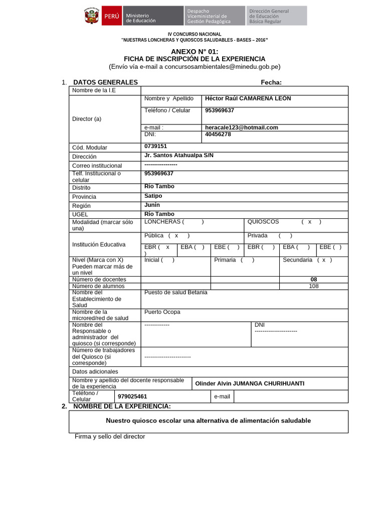 Anexo N 01 Ficha de Inscripcion de La Experiencia | PDF