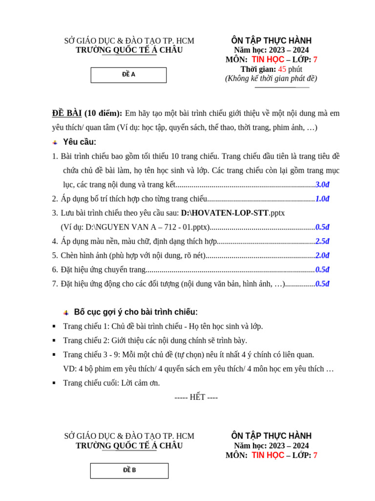 Tin 7 - On Tap Thuc Hanh PP - Chu de Tu Chon | PDF