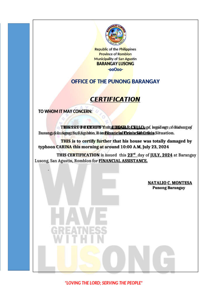 Certification for Dswd | PDF