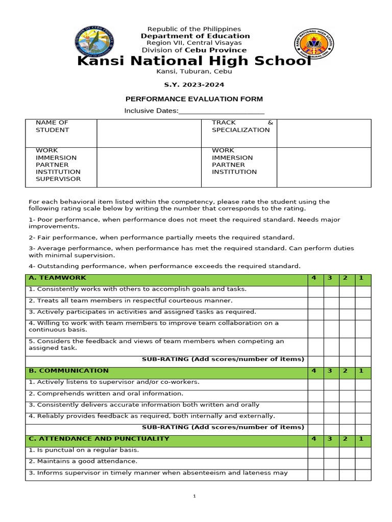 Performance Evaluation Form for Work Immersion | PDF Performance Evaluation Form for Work Immersion | PDF
