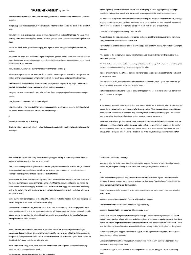 6 - Readings - Paper Menagerie | PDF