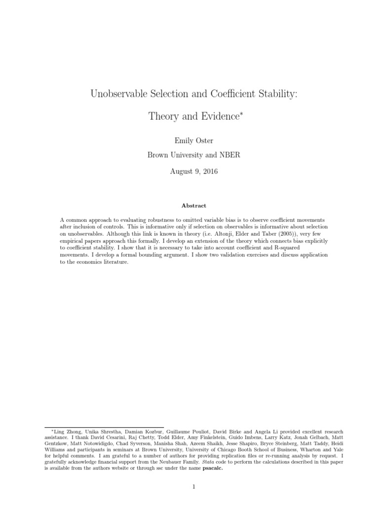 Unobservable Selection and Coeffcient Stability: Theory and Evidence | PDF | Coefficient Of ...