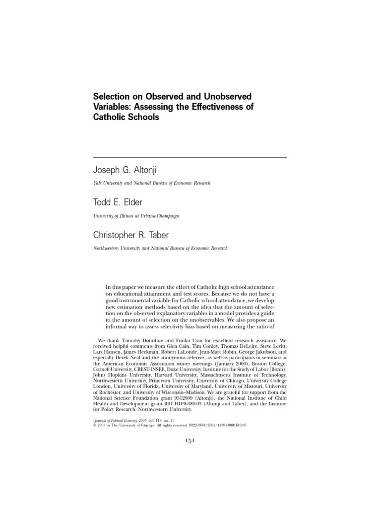 Selection On Observed and Unobserved Variables: Assessing The Effectiveness of Catholic Schools ...