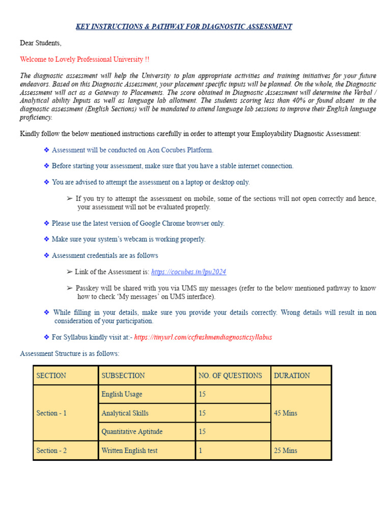 Key Instructions & Pathway for Diagnostic Assessment | PDF