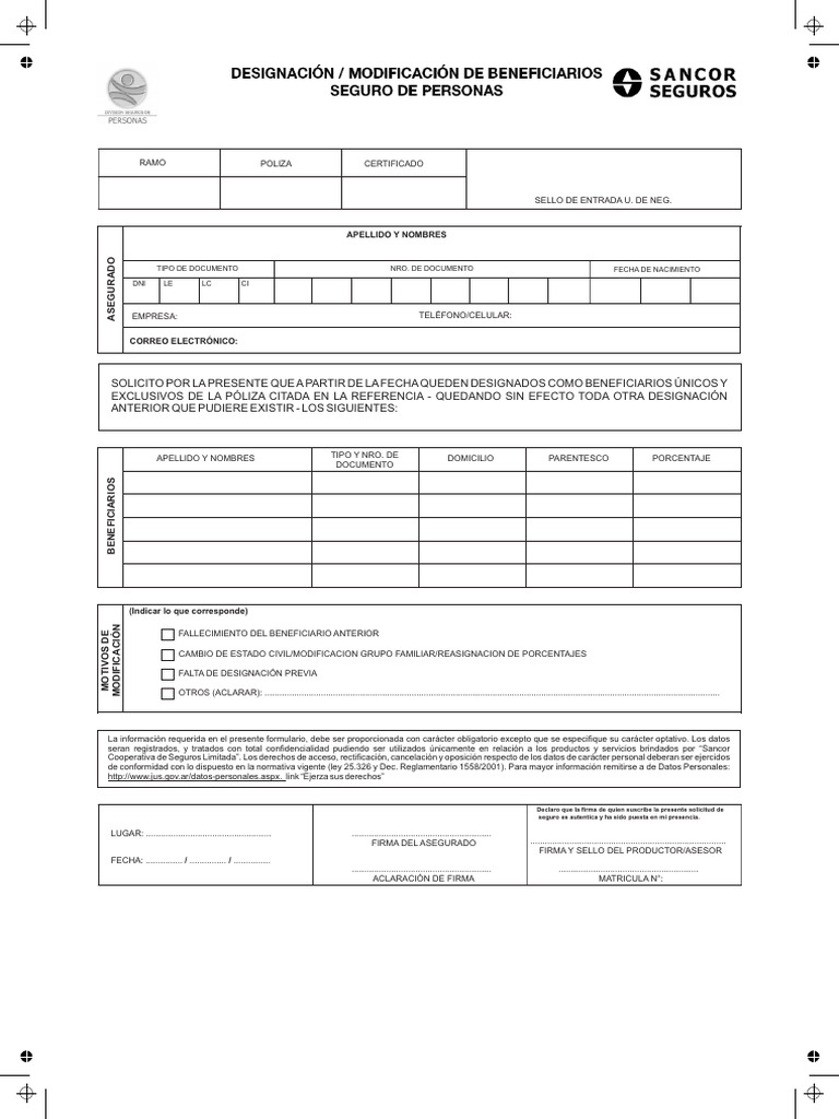 Planilla de Seguro Sancor | PDF