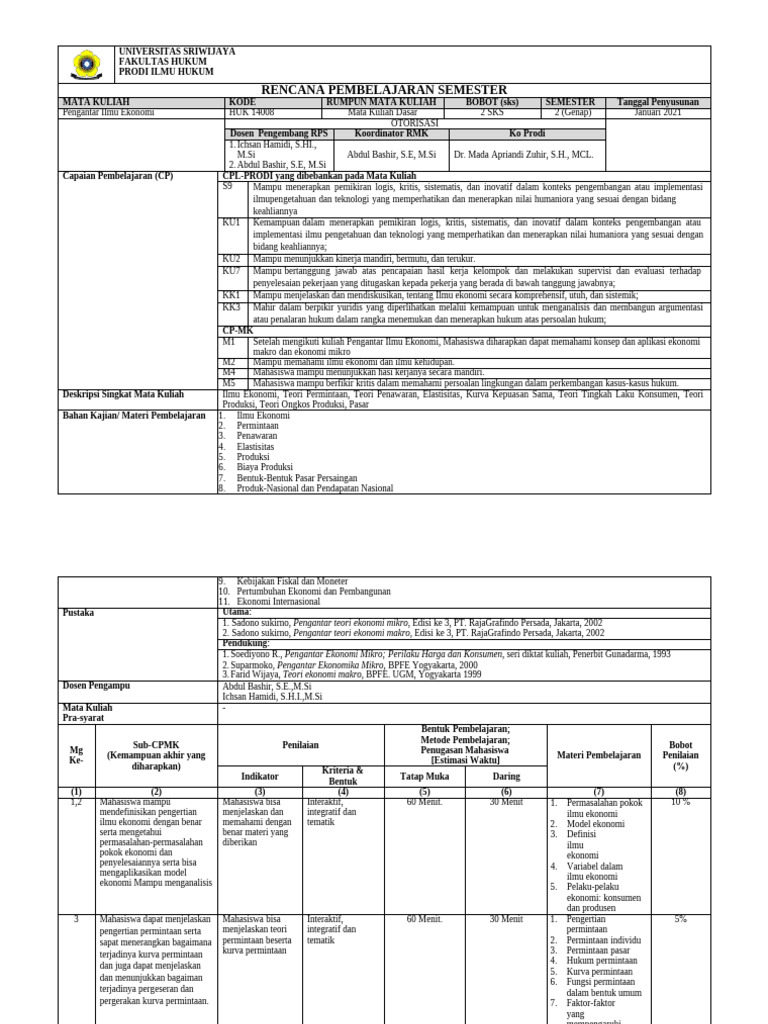 RPS-Pengantar-Ilmu-Ekonomi UNSRI | PDF