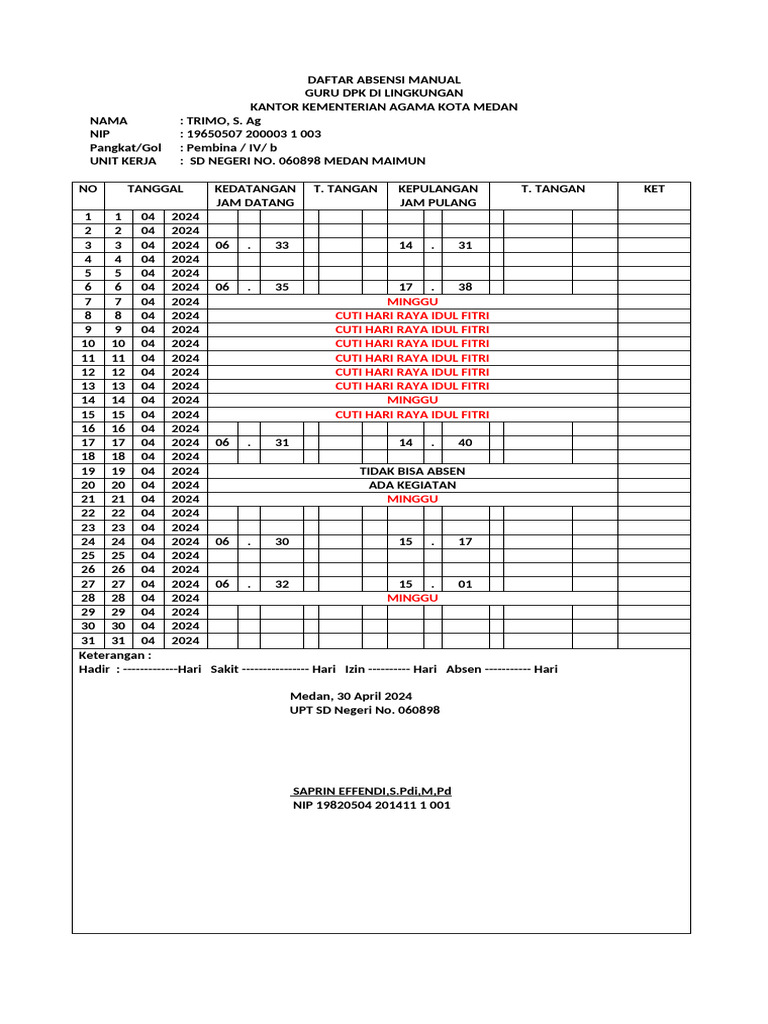 Daftar Absensi Manual April 2024 | PDF