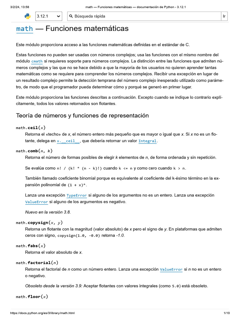 Math - Funciones Matemáticas - Documentación de Python - 3.12.1 | PDF