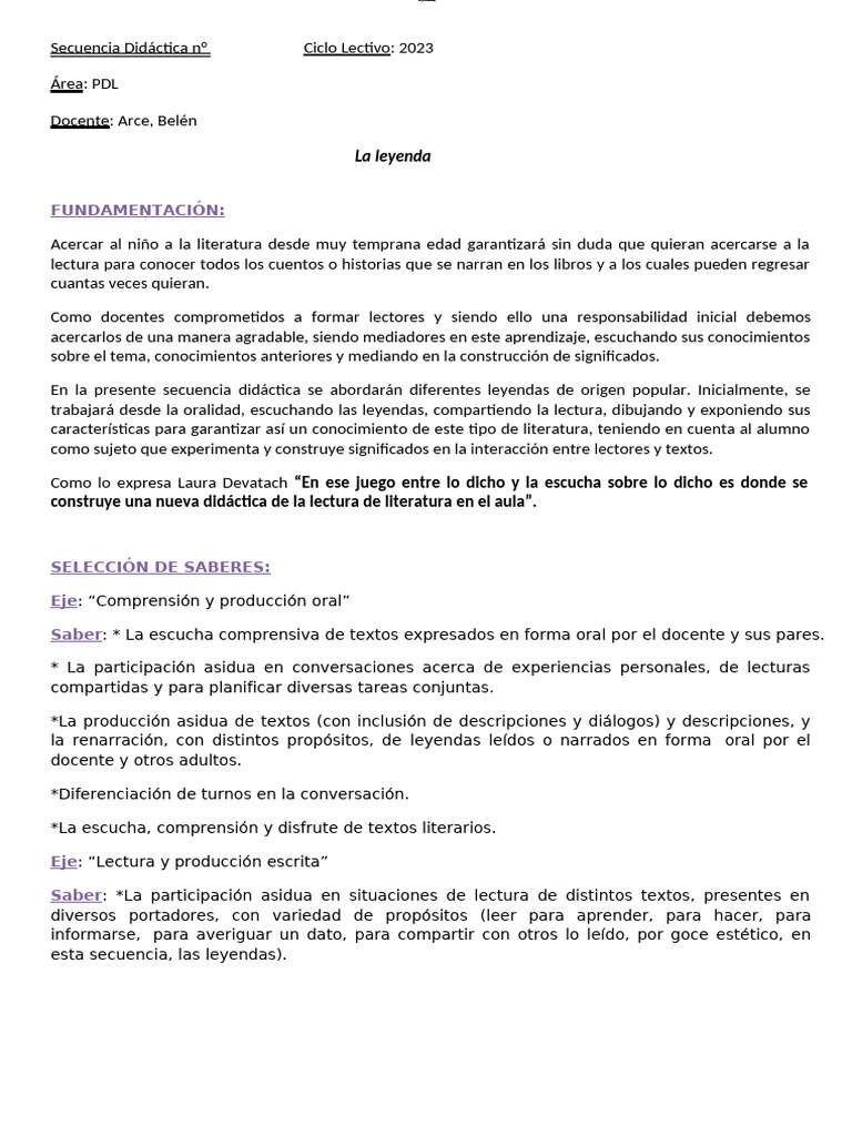 Cuarto Secuencia Didactica La Leyenda | PDF Cuarto Secuencia Didactica La Leyenda | PDF