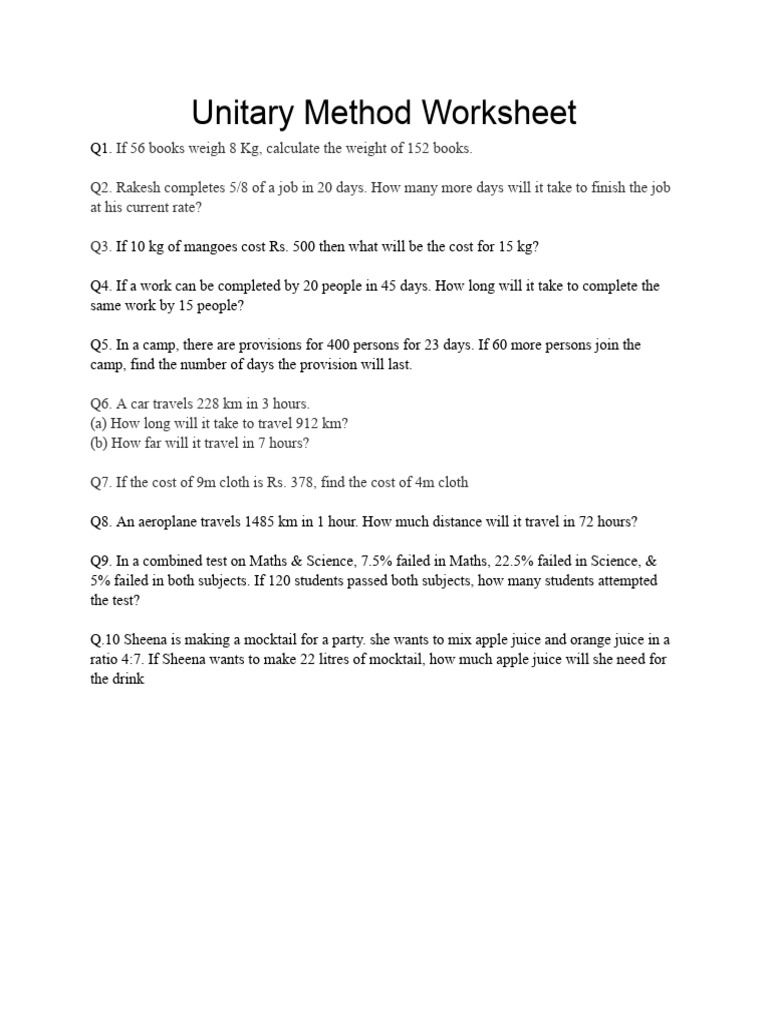 Unitary Method Worksheet | PDF