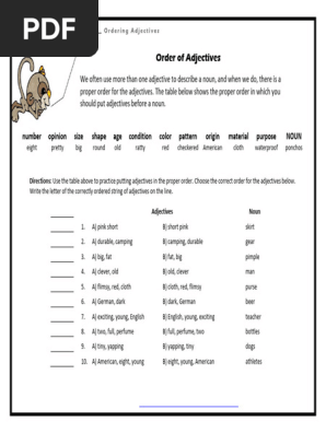 Adjective Order Worksheet Ordering Adjectives Worksheets | TPT