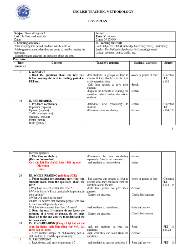 Lesson Plan_Objective-PET-Unit 17-Reading 2 | PDF