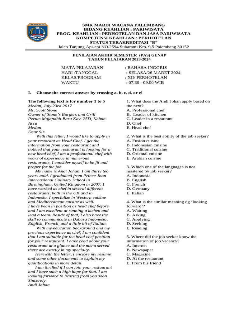 SOAL PAS B.ING 2024 | PDF