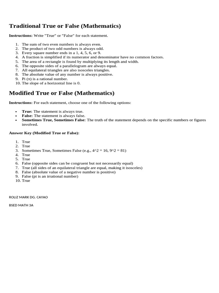 Traditional and Modified True or False | PDF