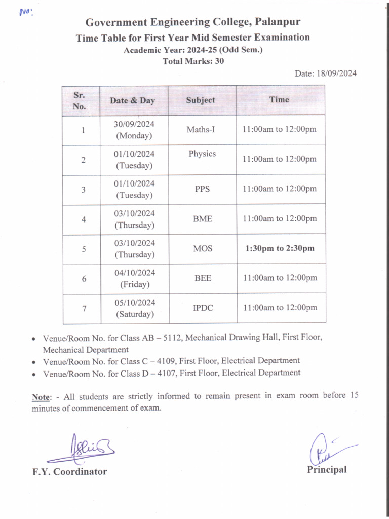 FY Mid sem exam schedule | PDF