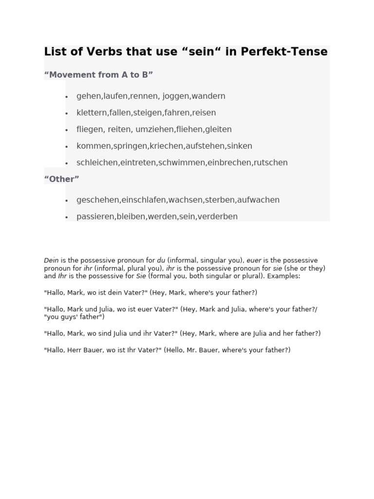 List of Verbs That Use Sein | PDF
