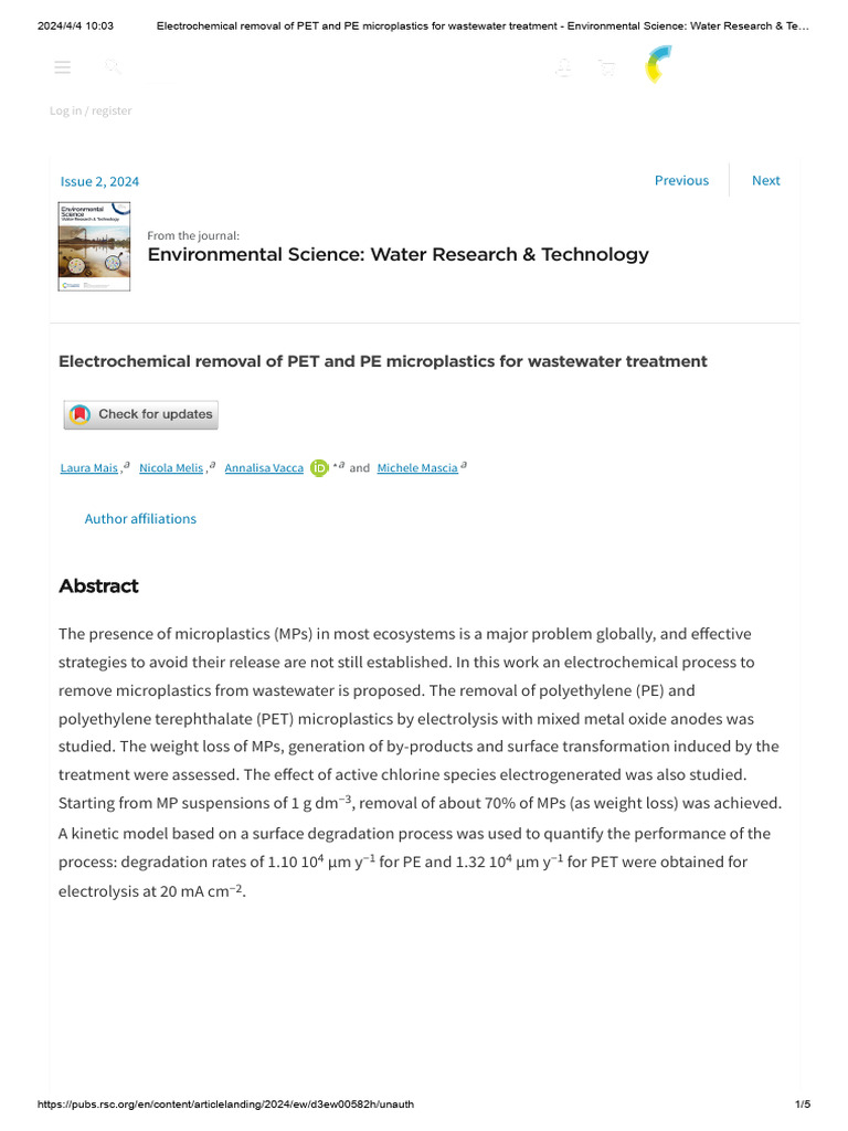 Electrochemical Removal of PET and PE Microplastics For Wastewater ...