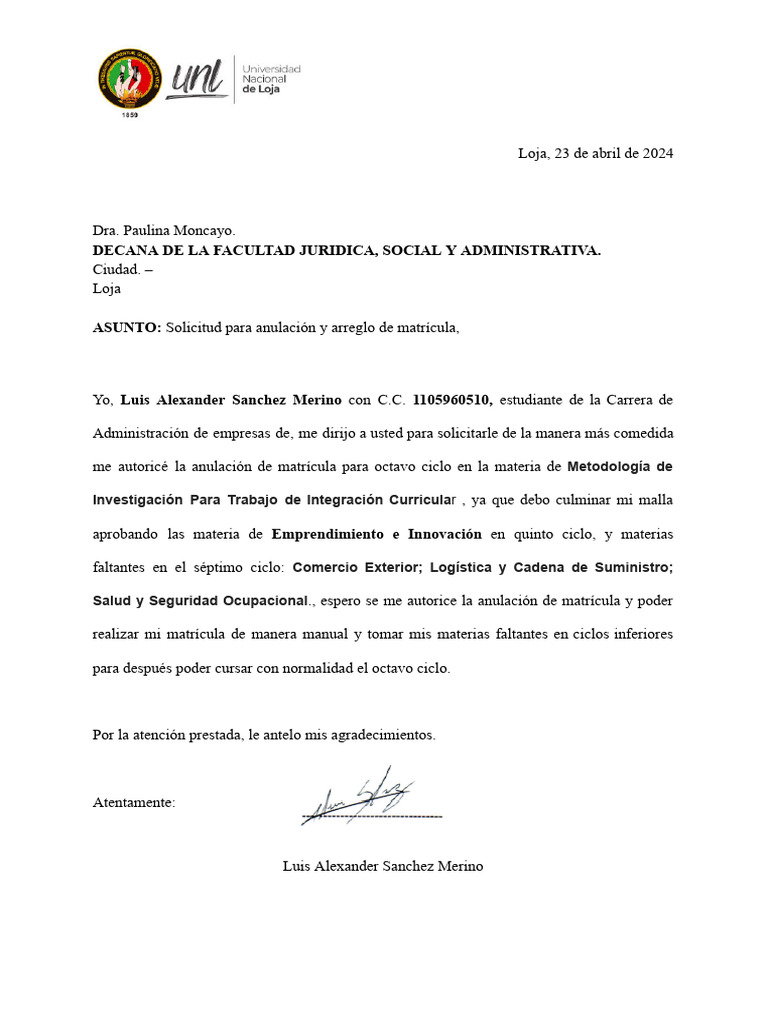 Solicitud para Anulacion de Matricula Luis Sanchez | PDF | Crecimiento ...