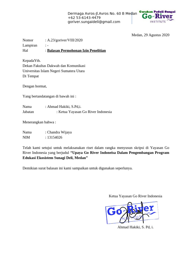 Surat Balasan Penelitian Go River | PDF