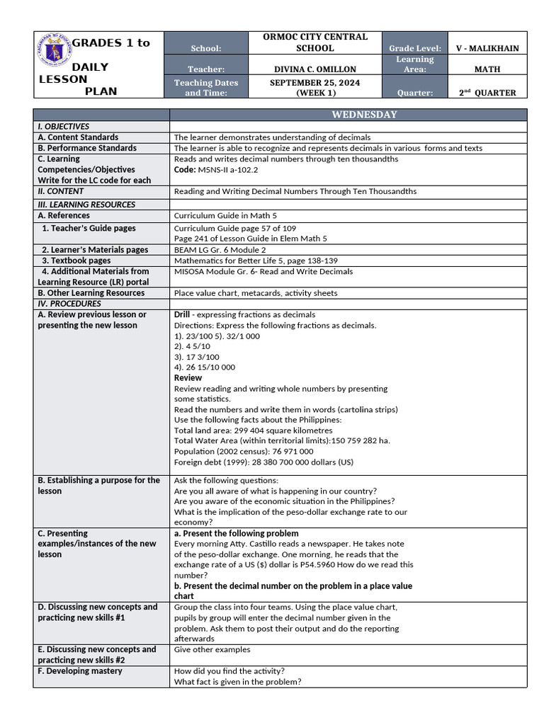DLL - Math 5 - Q2 - W1-D3 | PDF