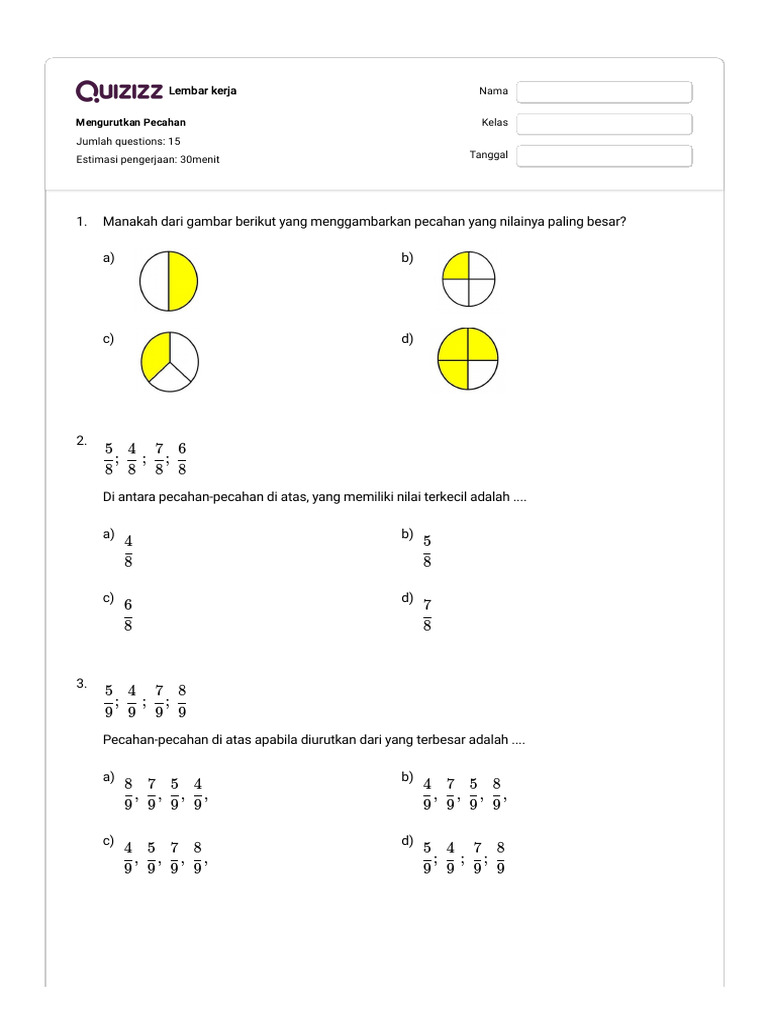 MTK Kelas 4 Mengurutkan Pecahan - Kuis | PDF
