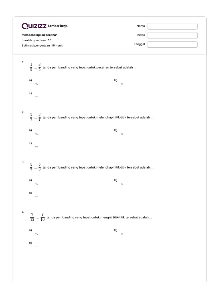 MTK Kelas 4 Membandingkan Pecahan_ Kuis | PDF