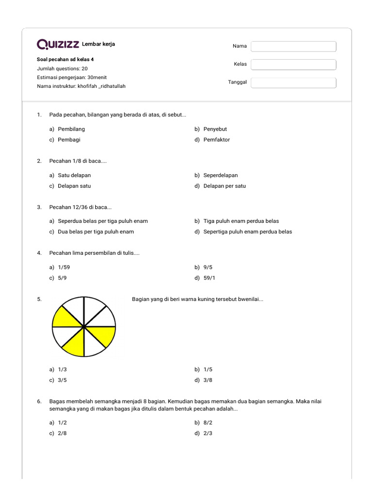 MTK Kelas 4 Pecahan - Kuis | PDF
