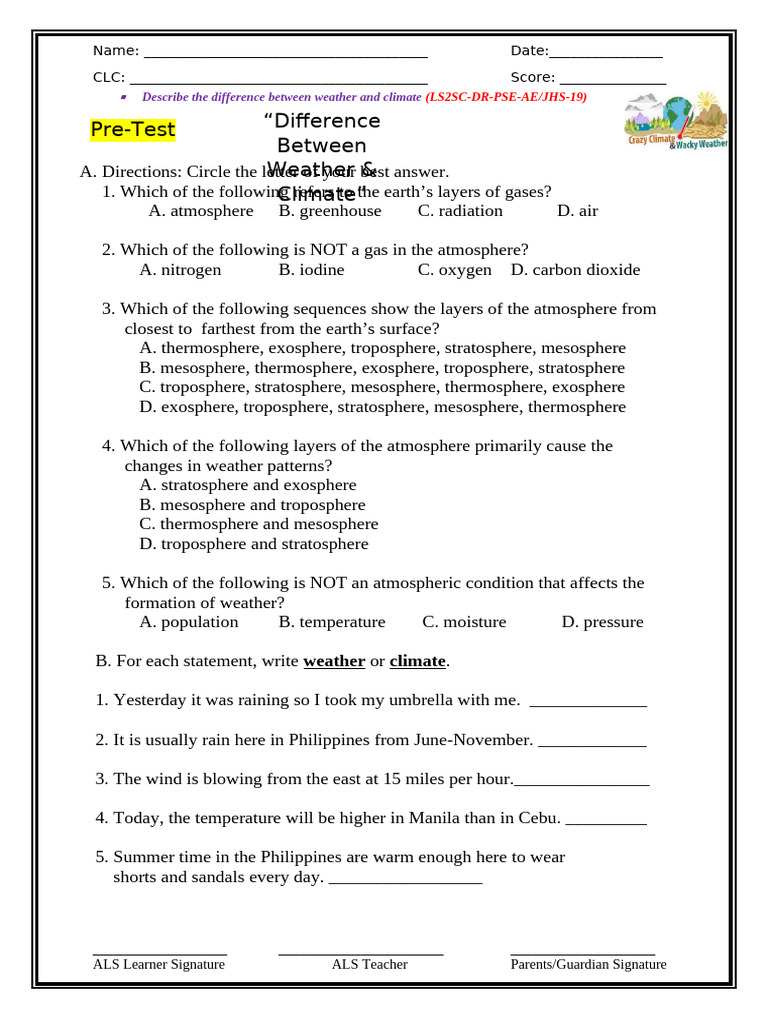 LS2 Science Worksheets Module 3-LS2-Lesson 1 Difference Between Weather ...