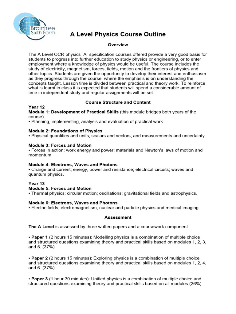 A Level Physics Course Outline | PDF