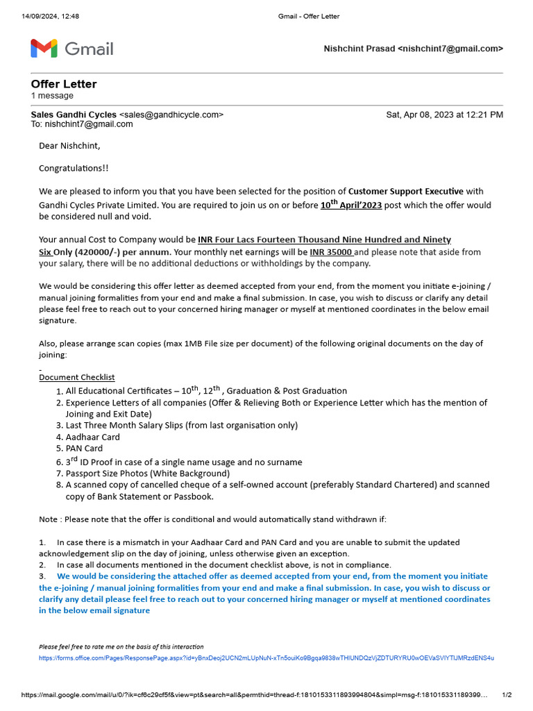 Gmail - Offer Letter | PDF