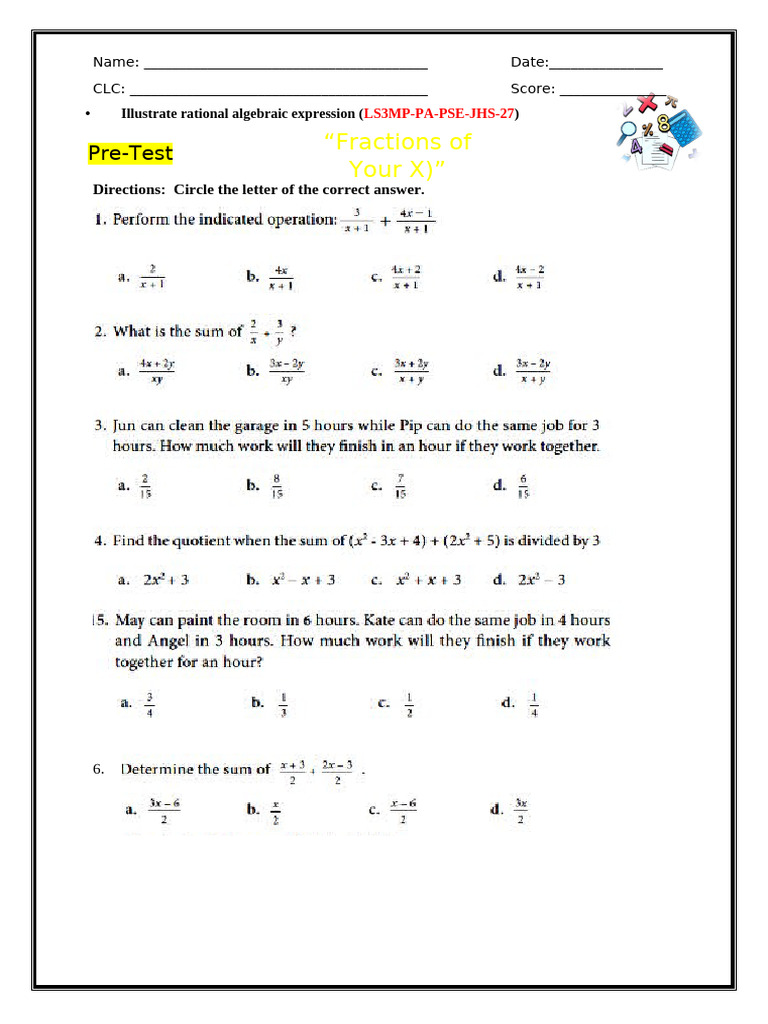LS3 Math-Worksheets-JHS (Fractions of Your X) | PDF