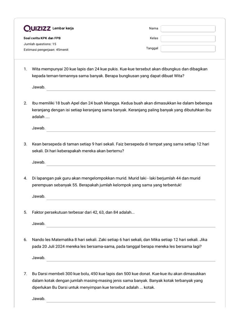 Soal KPK FPB Kelas 5 - Kuis | PDF