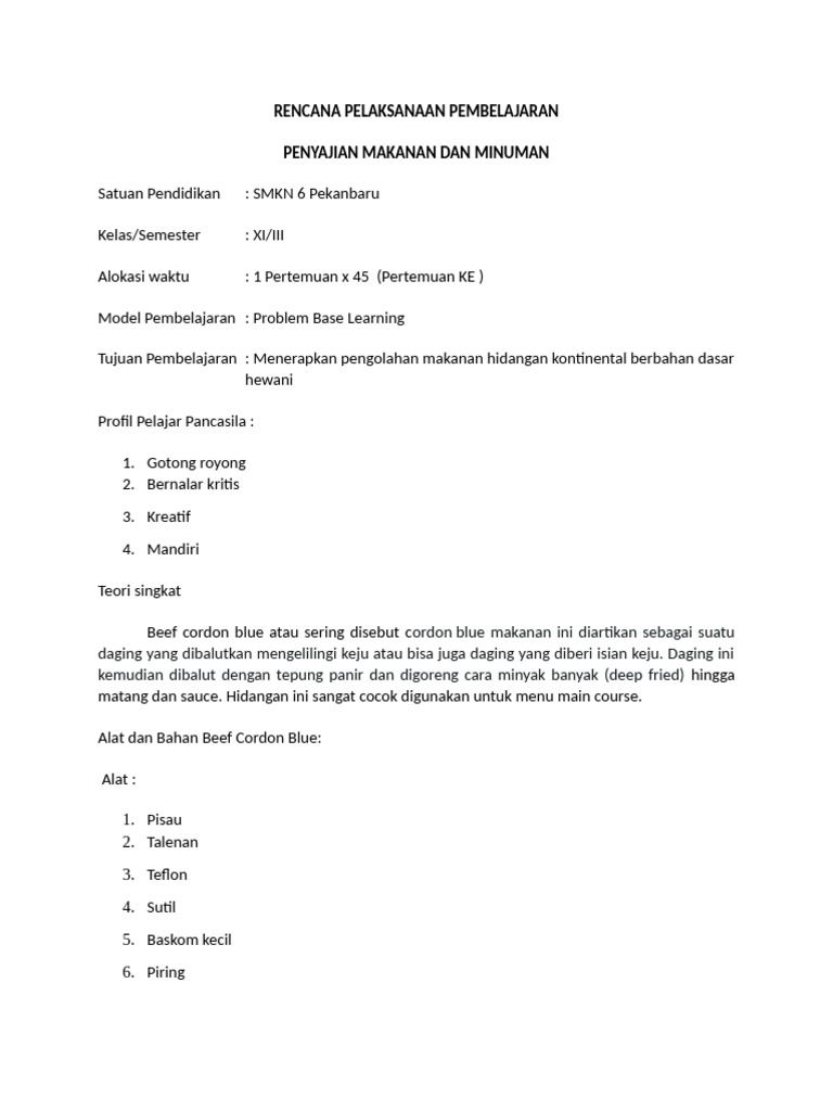 Job Sheet Beef Cordon Blue Kontinental | PDF