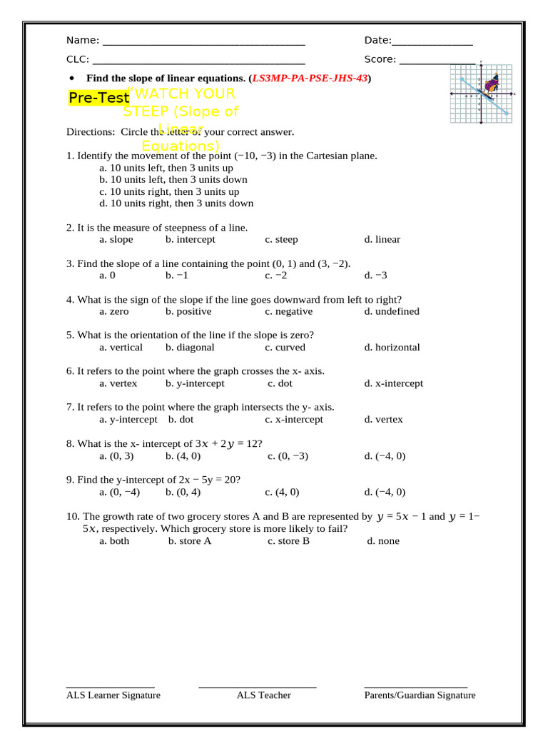 LS3 Math-Worksheets-JHS (WATCH YOUR STEEP (Slope of Linear Equations) | PDF