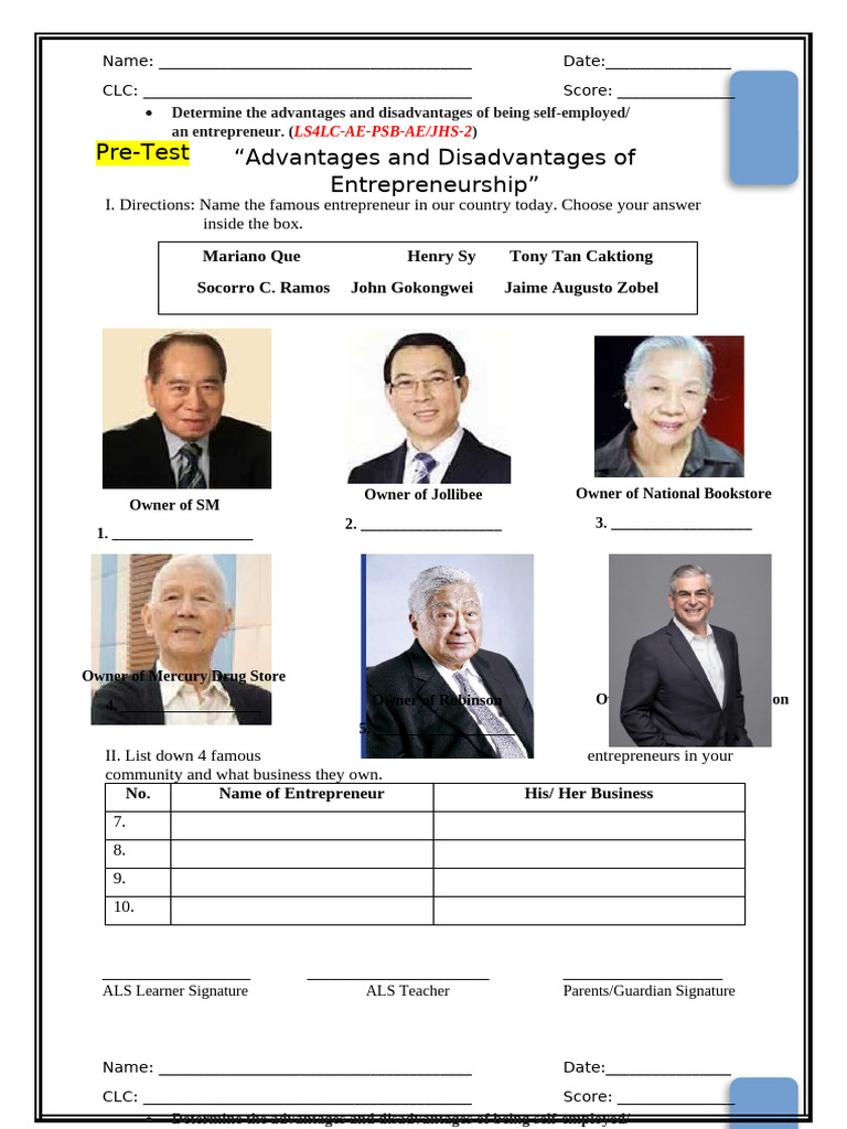 LS4 - Worksheets-JHS (Advantages and Disadvantages of Entrepreneurship ...
