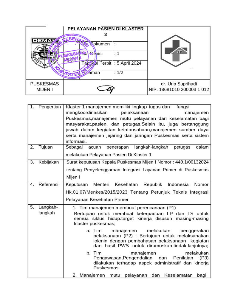 Sop Pelayanan Klaster 1 | PDF