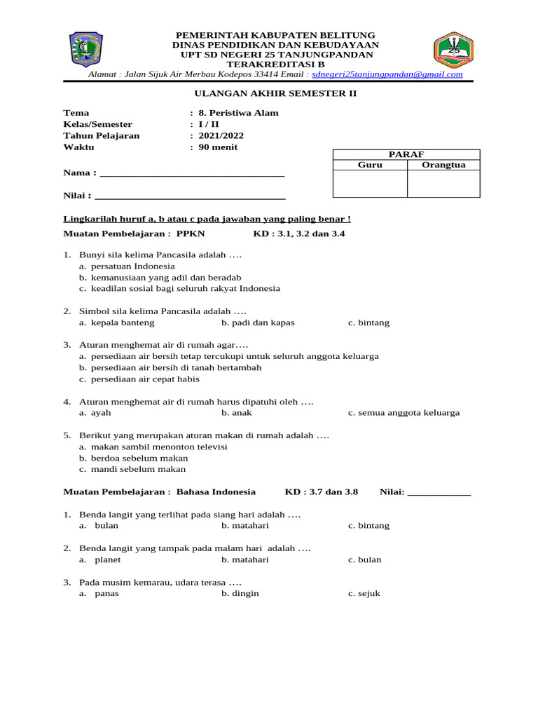 Soal Pas Kelas 1 Tema 8 2022 | PDF