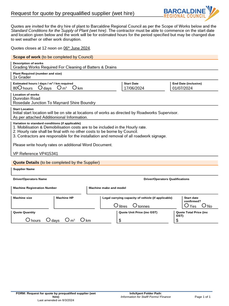 VP415341 - VP Request Form - 2024.06.04 Wet Hire of Grader Dunrobin RD ...