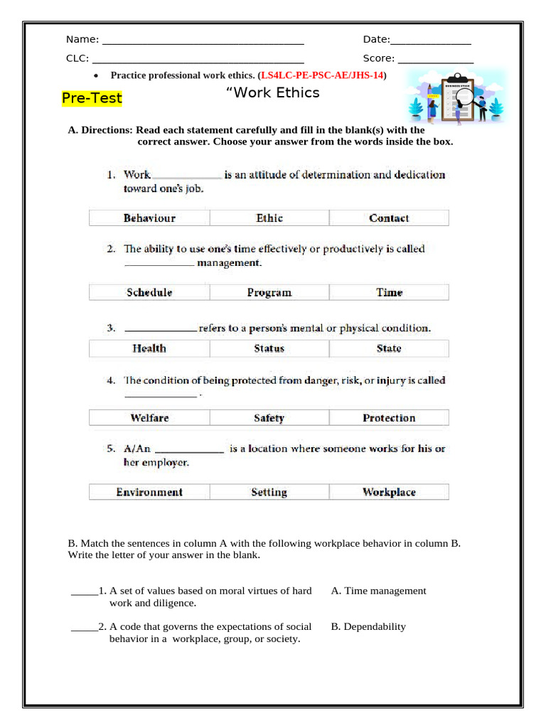 LS4 - Worksheets-JHS (Work Ethics) | PDF