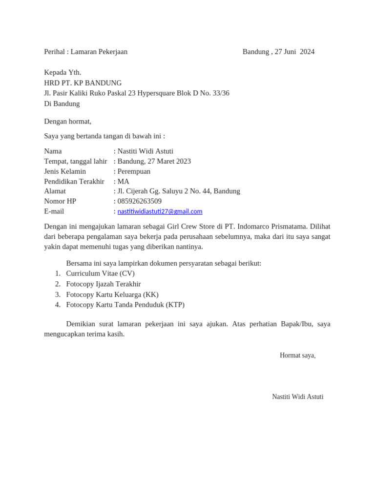 Lamaran PT. KP Bandung | PDF